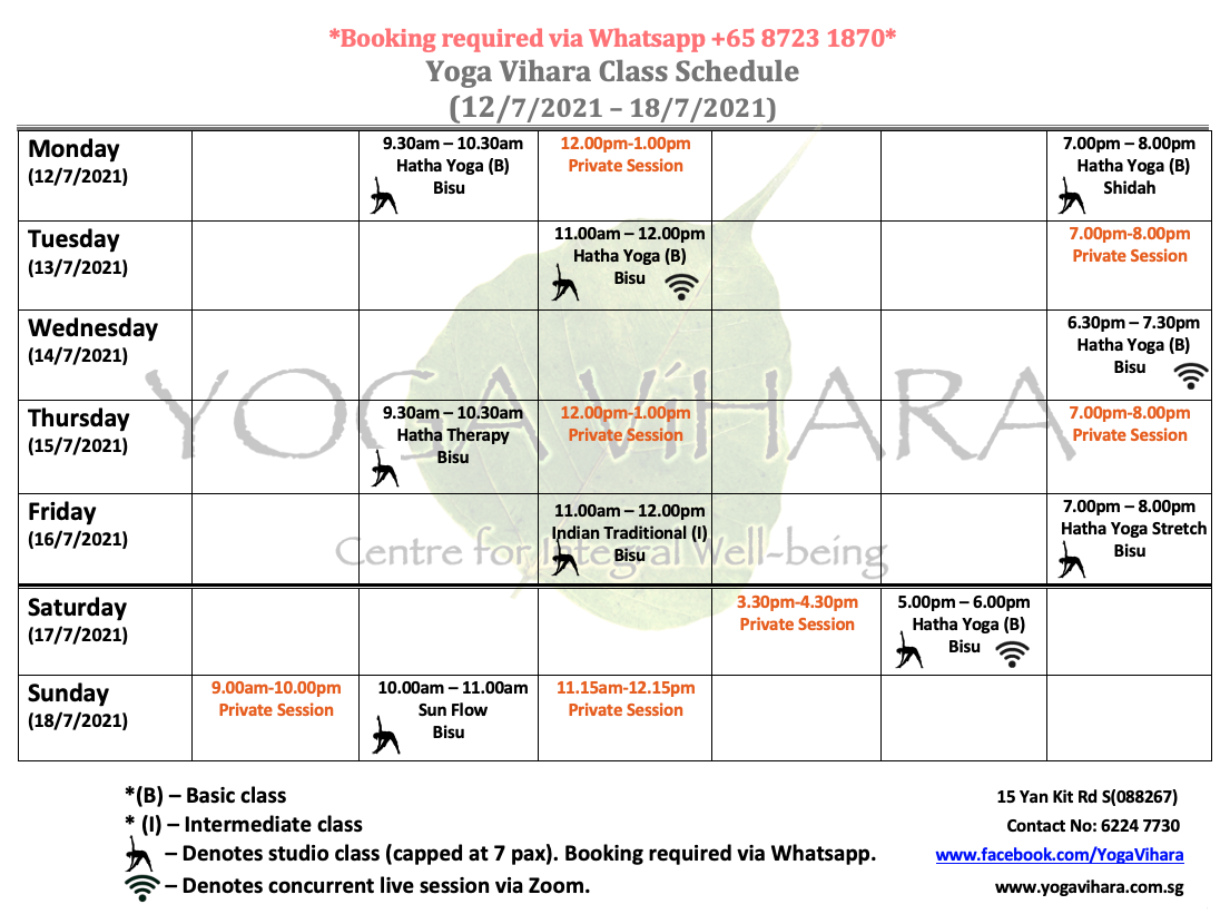 Yoga Vihara | Class Schedule | Yoga Classes in Singapore